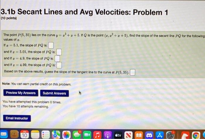 Solved 3.1b Secant Lines and Avg Velocities: Problem 1 (10 | Chegg.com