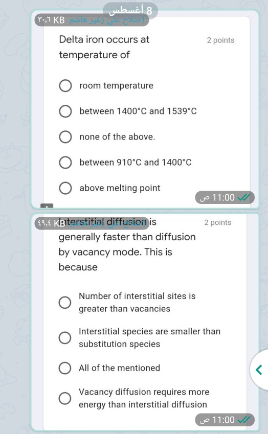Solved 8 أغسطس زال ۳۰,1KB) 2 points Delta iron occurs at | Chegg.com