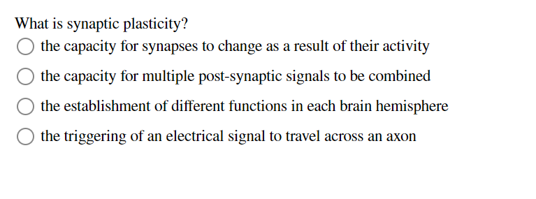 Solved What is synaptic plasticity?the capacity for synapses | Chegg.com