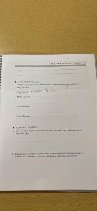 Solved Name Lab Partner Methyl Salicylate: Benzyl Ethanoate: | Chegg.com