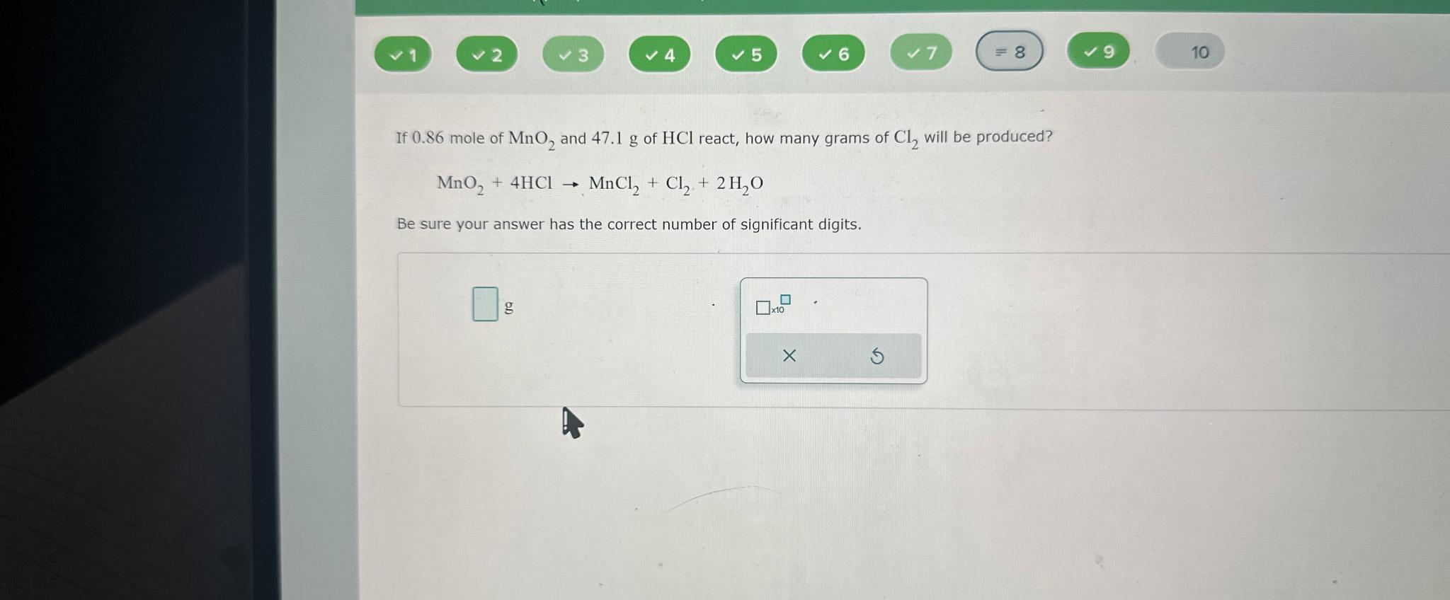 Solved If 0.86 ﻿mole of MnO2 ﻿and 47.1g ﻿of HCl ﻿react, how | Chegg.com