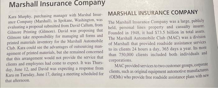 Solved Marshall Insurance Company Kara Murphy, purchasing | Chegg.com