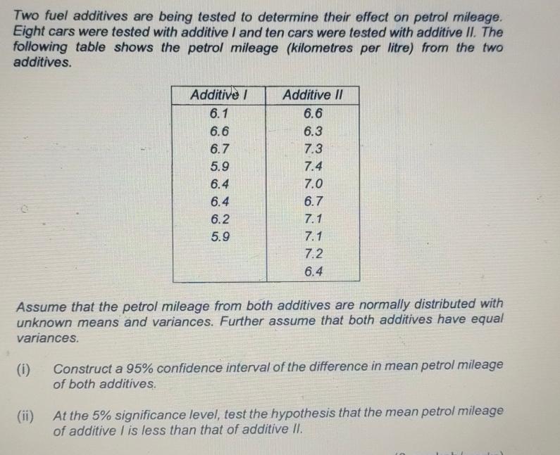 Solved Two fuel additives are being tested to determine | Chegg.com
