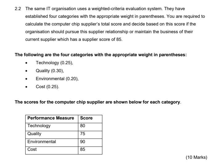 Solved 2.2 The same IT organisation uses a weighted-criteria | Chegg.com