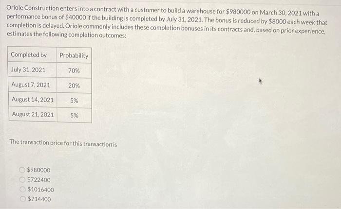Solved Oriole Construction enters into a contract with a | Chegg.com