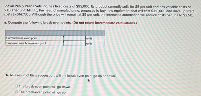 Solved Shawn Pen \& Pencil Sets Inc. has fixed costs of | Chegg.com