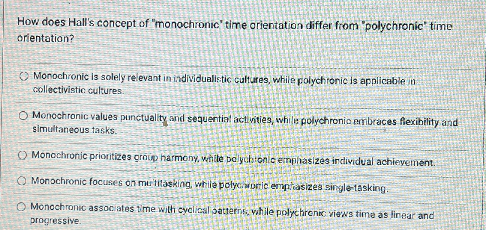 Solved How does Hall's concept of "monochronic" time | Chegg.com