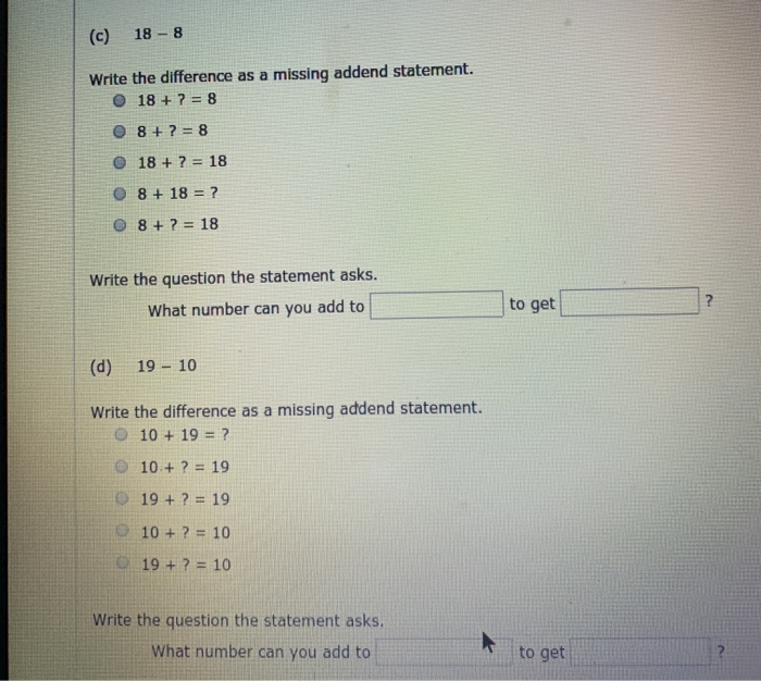 Solved (a) 19 - 8 Write the difference as a missing addend | Chegg.com