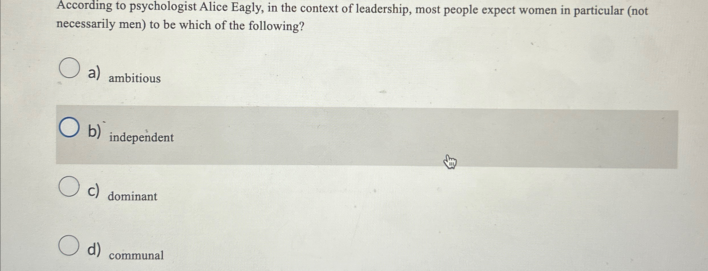 Solved According to psychologist Alice Eagly, in the context | Chegg.com