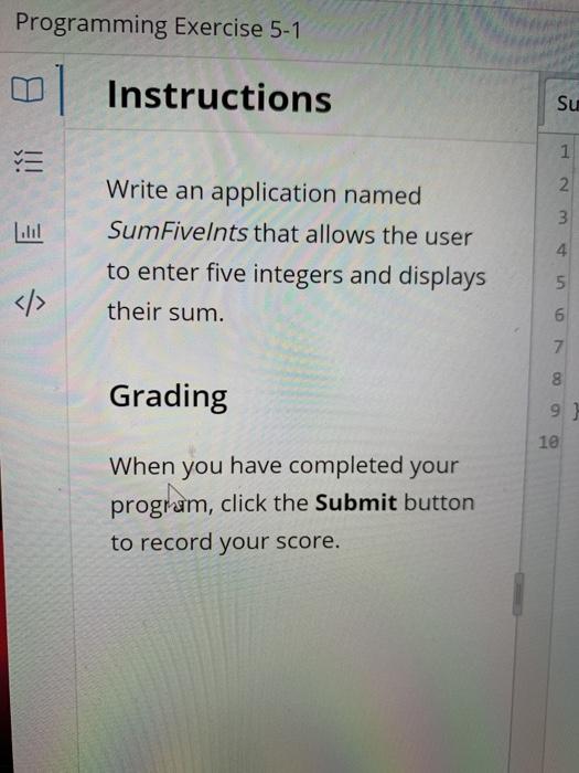 Solved Programming Exercise 5-1 Instructions Su 1 w N lil | Chegg.com