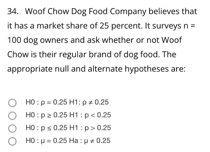 Solved 34. Woof Chow Dog Food Company believes that it has a | Chegg.com