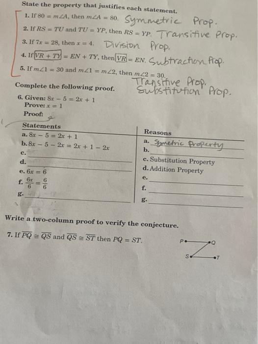 Solved State the property that justifies each statement. 1. | Chegg.com