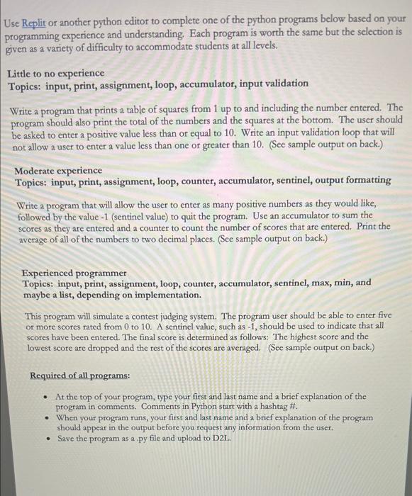 Solved se Replit or another python editor to complete one of | Chegg.com