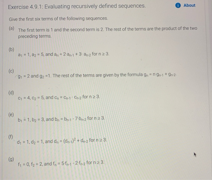 Solved Exercise 4.9.1: Evaluating recursively defined | Chegg.com