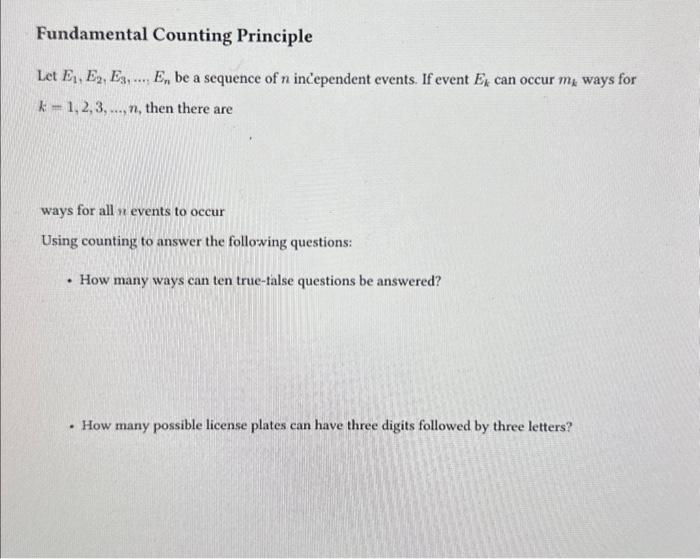 Solved Fundamental Counting Principle Let E1,E2,E3,….En be a | Chegg.com