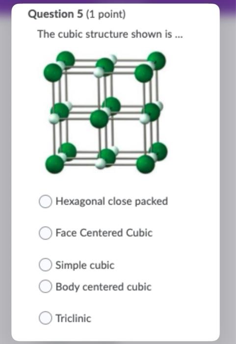 Solved Question 5 (1 point) The cubic structure shown is ... | Chegg.com