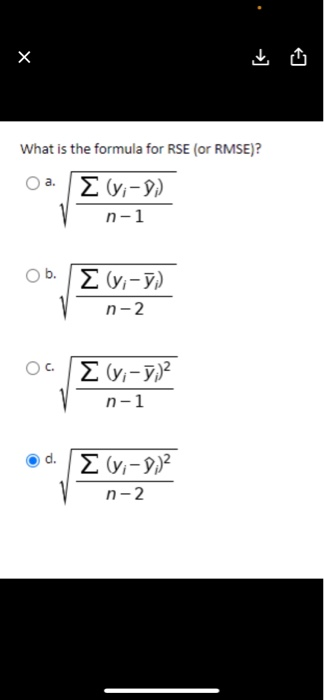Solved X What is the formula for RSE (or RMSE)? 8. Σy-9) n-1 | Chegg.com