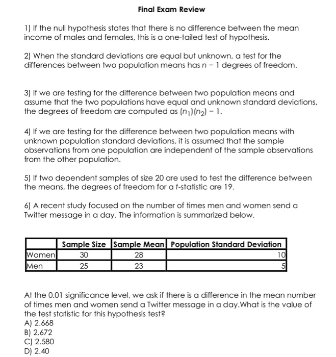 Solved Final Exam Review 1 If The Null Hypothesis States 7365