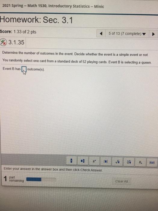 Solved 2021 Spring - Math 1530, Introductory Statistics - | Chegg.com