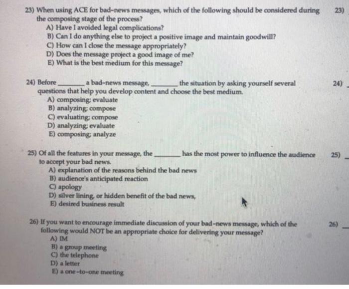 Solved 23) 23) When using ACE for bad-news messages, which | Chegg.com