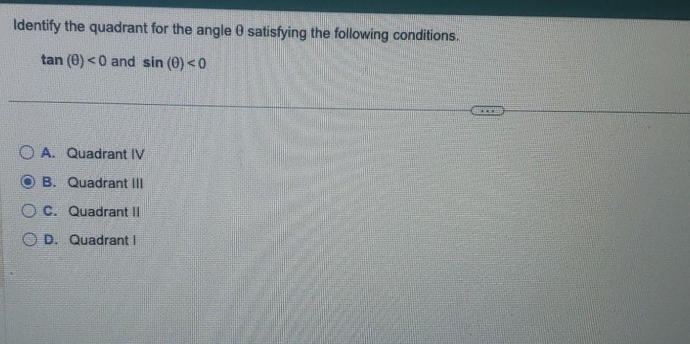 Solved Identify the quadrant for the angle θ ﻿satisfying the | Chegg.com