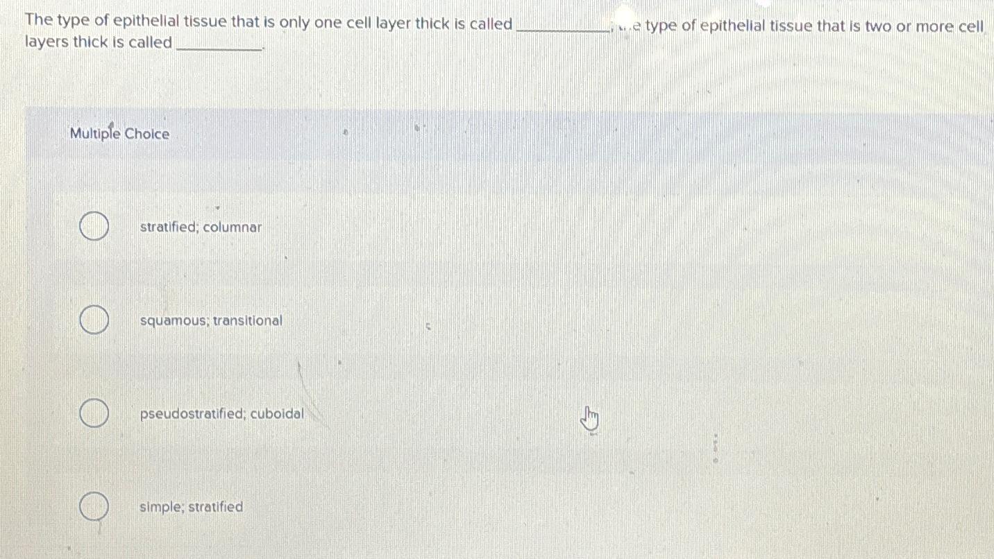 Solved The type of epithelial tissue that is only one cell | Chegg.com