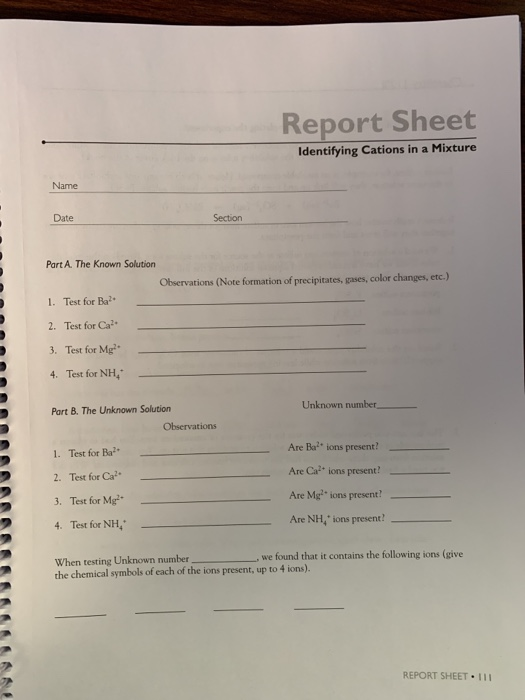 Report Sheet Identifying Cations in a Mixture Name | Chegg.com