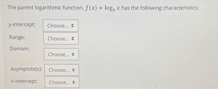Solved The parent logarithmic function, f(x)=logbx has the | Chegg.com