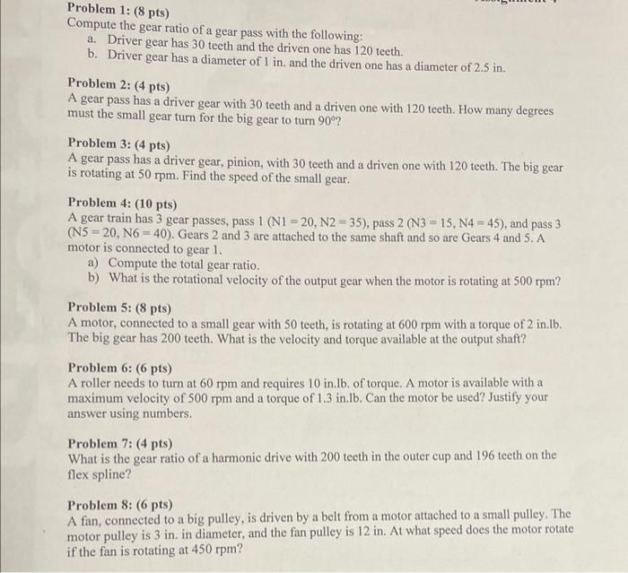 Solved Problem 1: (8 pts) Compute the gear ratio of a gear | Chegg.com