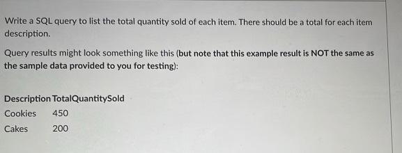 Solved Write a SQL query to list the total quantity sold of | Chegg.com