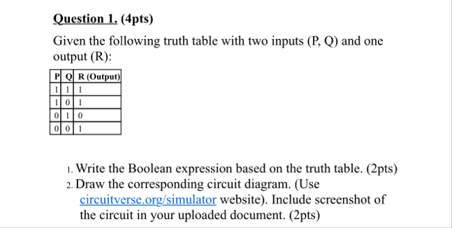 Question 1. (4pts)Given the following truth table | Chegg.com