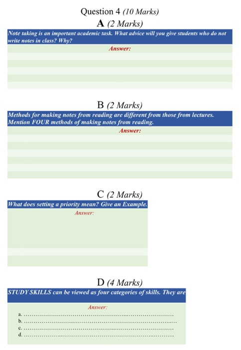 Question 4 (10 Marks) A (2 Marks) Note taking is an | Chegg.com Question 4 (10 Marks) A (2 Marks) Note taking is an | Chegg.com