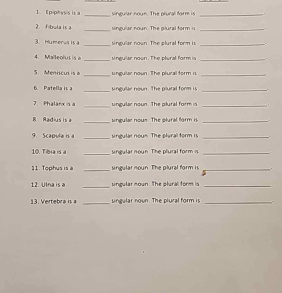 Solved Epiphysis is a singular noun. The plural form | Chegg.com