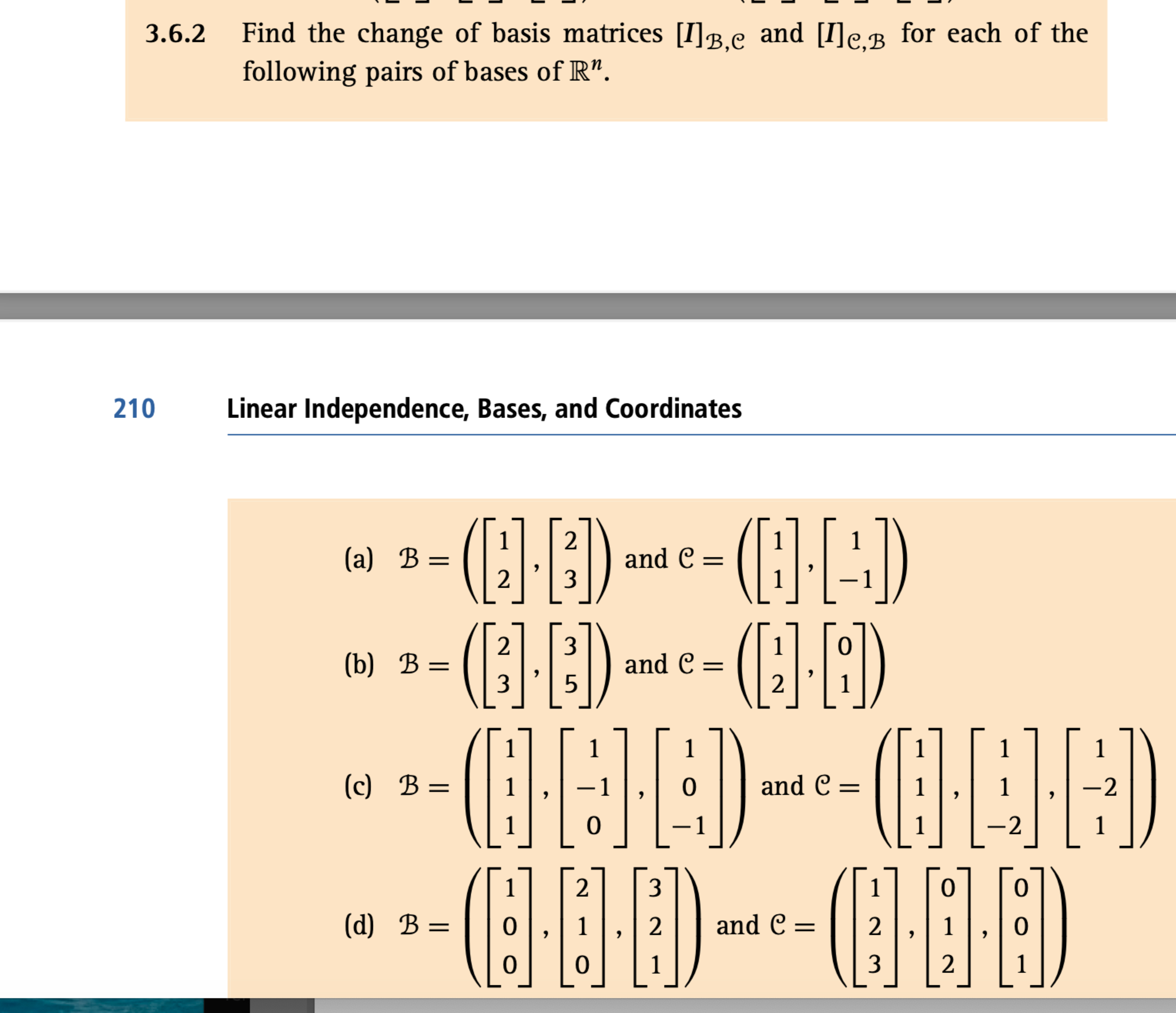 Solved 3.6.2 ﻿Find the change of basis matrices [I]B,C ﻿and | Chegg.com