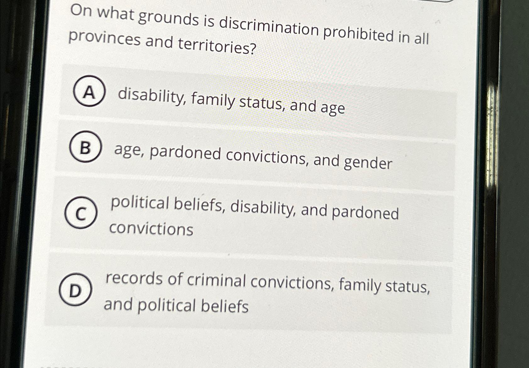 Solved On what grounds is discrimination prohibited in all | Chegg.com