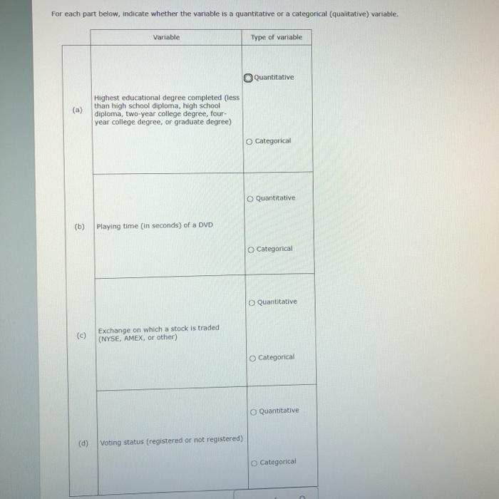 Solved For each part below, indicate whether the variable is | Chegg.com