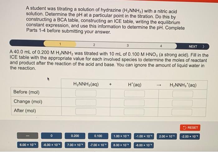 Solved A student was titrating a solution of hydrazine | Chegg.com