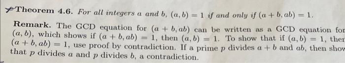 Solved Theorem 4.6. For all integers a and b,(a,b)=1 if and | Chegg.com
