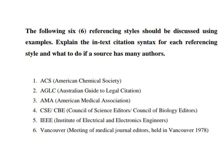 The following six (6) referencing styles should be | Chegg.com