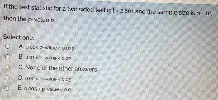 Solved If the test statistic for a two sided test is t - | Chegg.com
