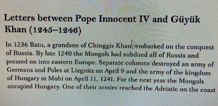 Solved Letters between Pope Innocent IV and Güyük Khan | Chegg.com