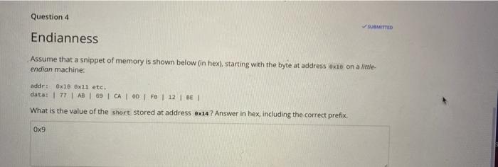Solved Question 4 SUBMITTED Endianness Assume that a snippet | Chegg.com