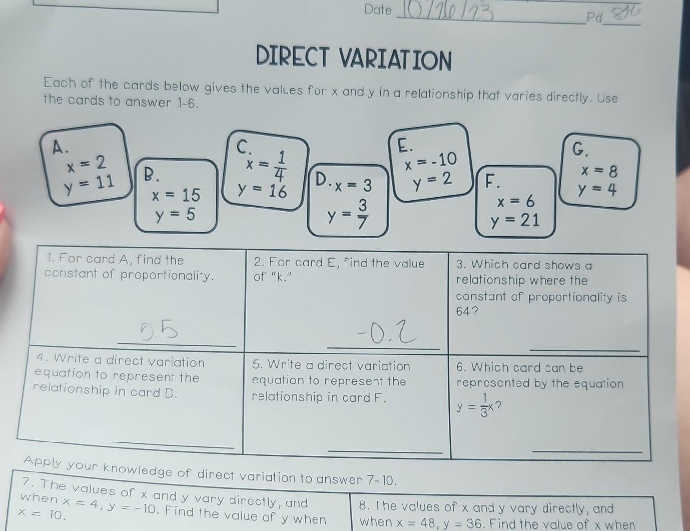Solved DIRECT VARIATION Each of the cards below gives the | Chegg.com