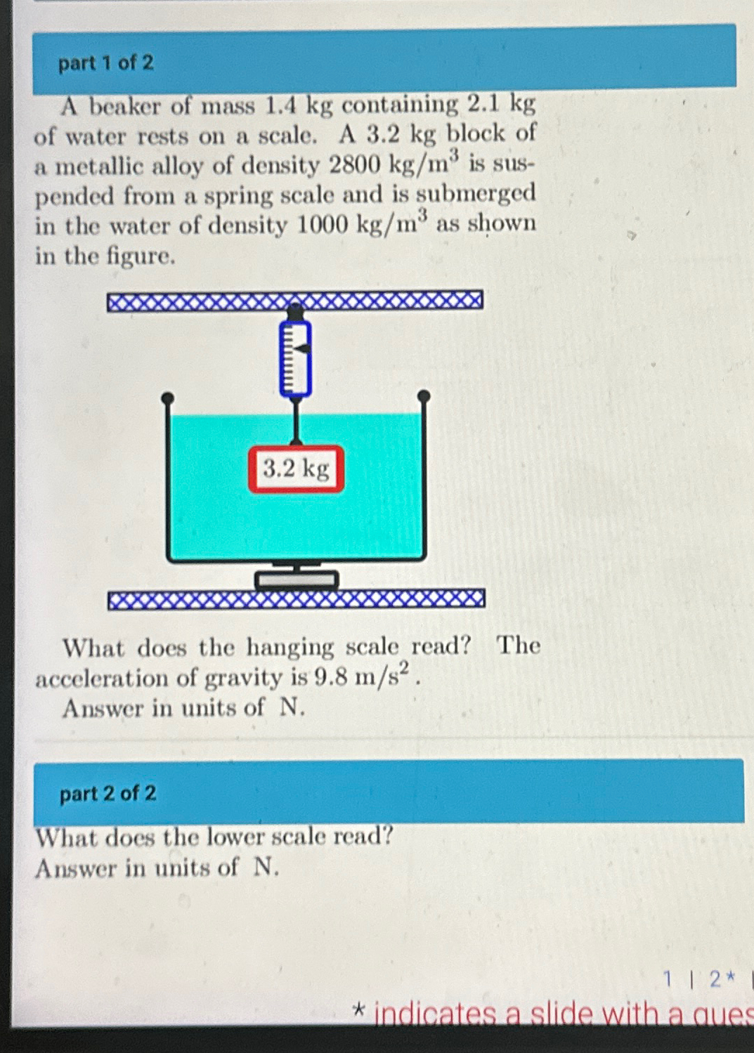 Solved part 1 ﻿of 2A beaker of mass 1.4kg ﻿containing 2.1kg | Chegg.com