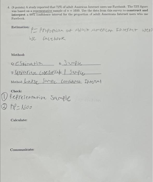 Solved 4. (8 points) A study reported that 72% of adult | Chegg.com