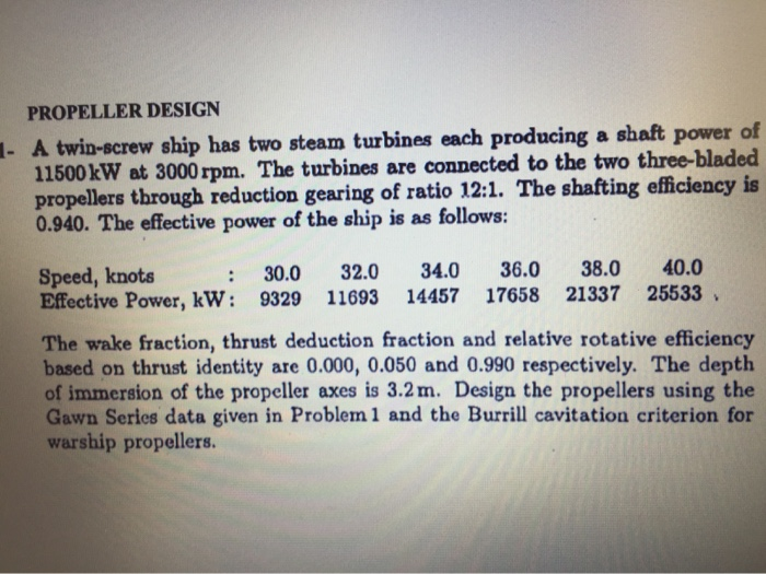 PROPELLER DESIGN 1- A twin-screw ship has two steam | Chegg.com