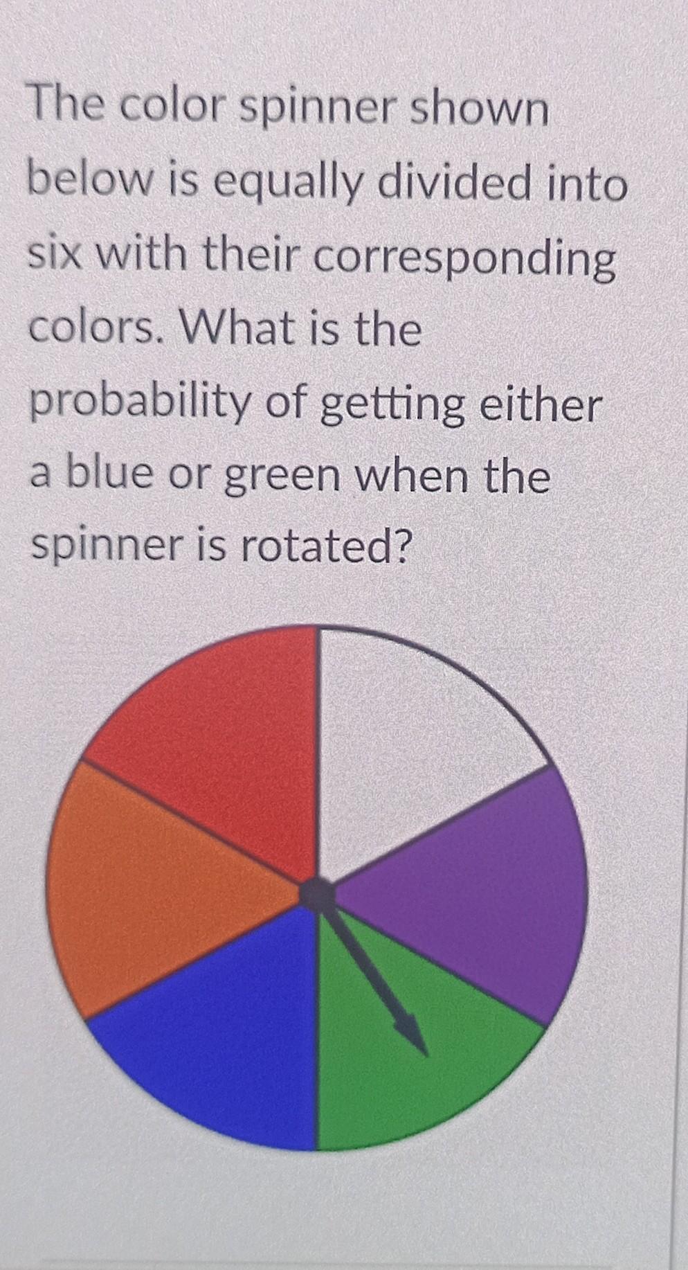 Solved The color spinner shown below is equally divided into | Chegg.com