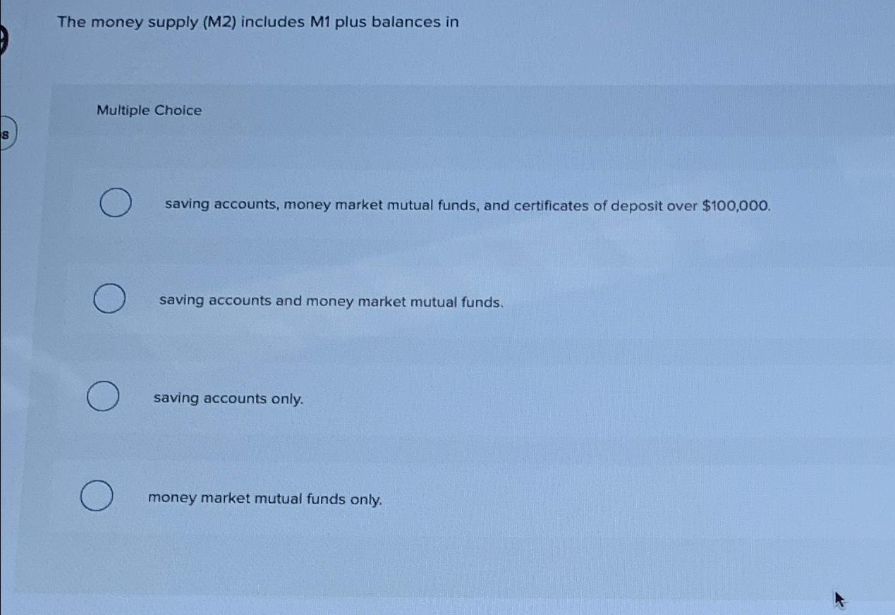 Solved The money supply (M2) ﻿includes M1 ﻿plus balances | Chegg.com