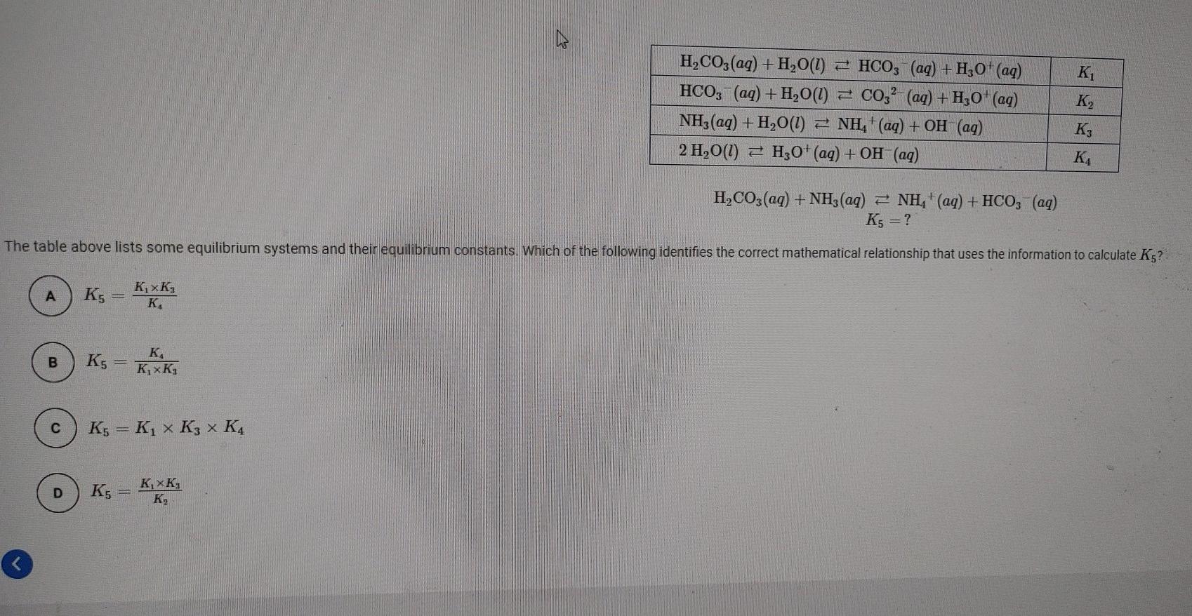 Solved K H2CO3(aq) + H2O(l) = HCO3 (aq) + H30+ (aq) HCO3 | Chegg.com