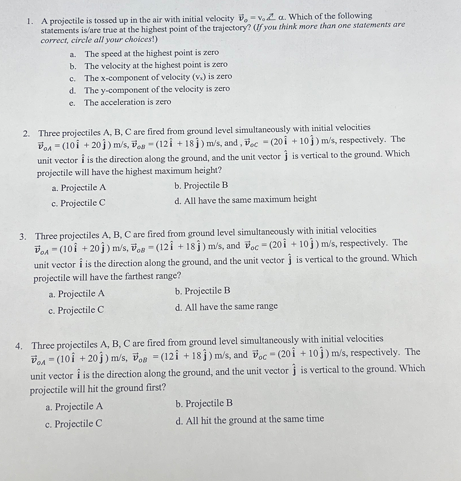 Solved A projectile is tossed up in the air with initial | Chegg.com